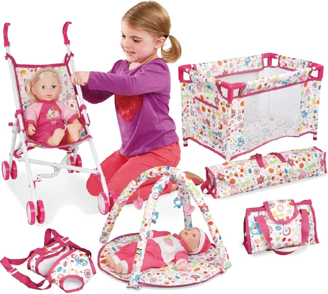 JQJQ5-in-1 Deluxe Newborn Baby Doll Stroller Nursery Playset with Play ...