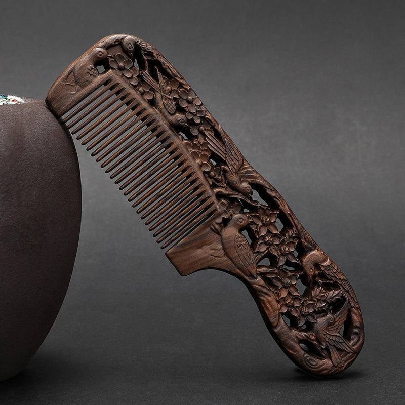 JQQA Natural Ebony Wood Comb Hand-Carved Fine Tooth Handle Anti-static ...