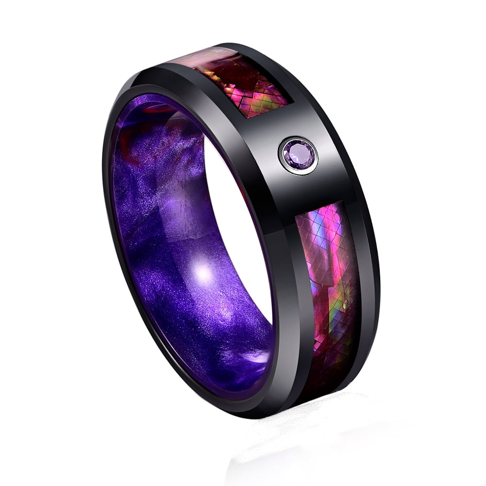 JQUEEN 8mm Black Tungsten Wedding Rings Purple Shell Paper Inner Ring ...