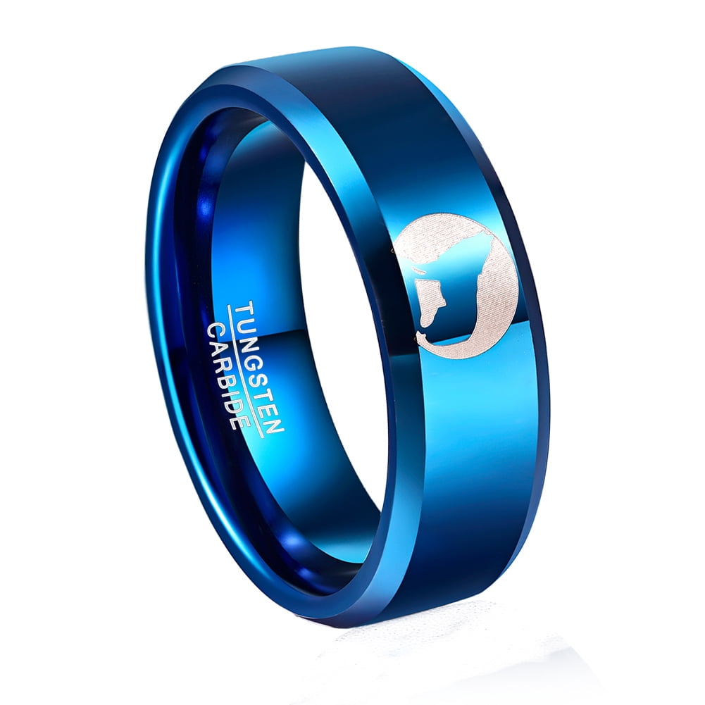 JQUEEN 8mm Polished Plating Blue Tungsten Ring Laser Wolf Pattern ...