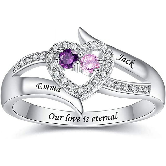 JQUEEN Women's Personalized 925 Silver Ring with 2 Simulated ...