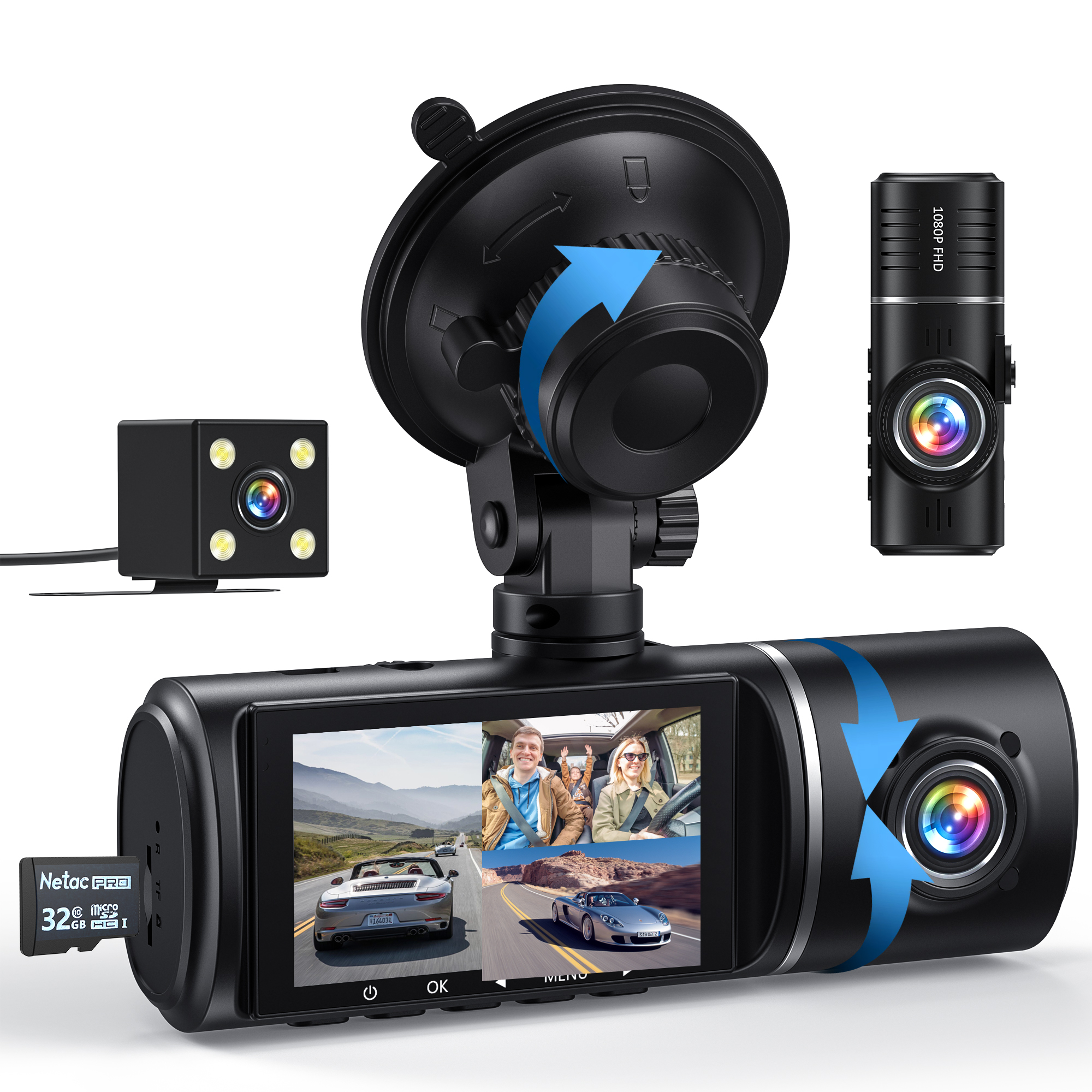 Dash Cam, 3 Channel WiFi Dashcam for Car, 1080P Dash Camera Front ...