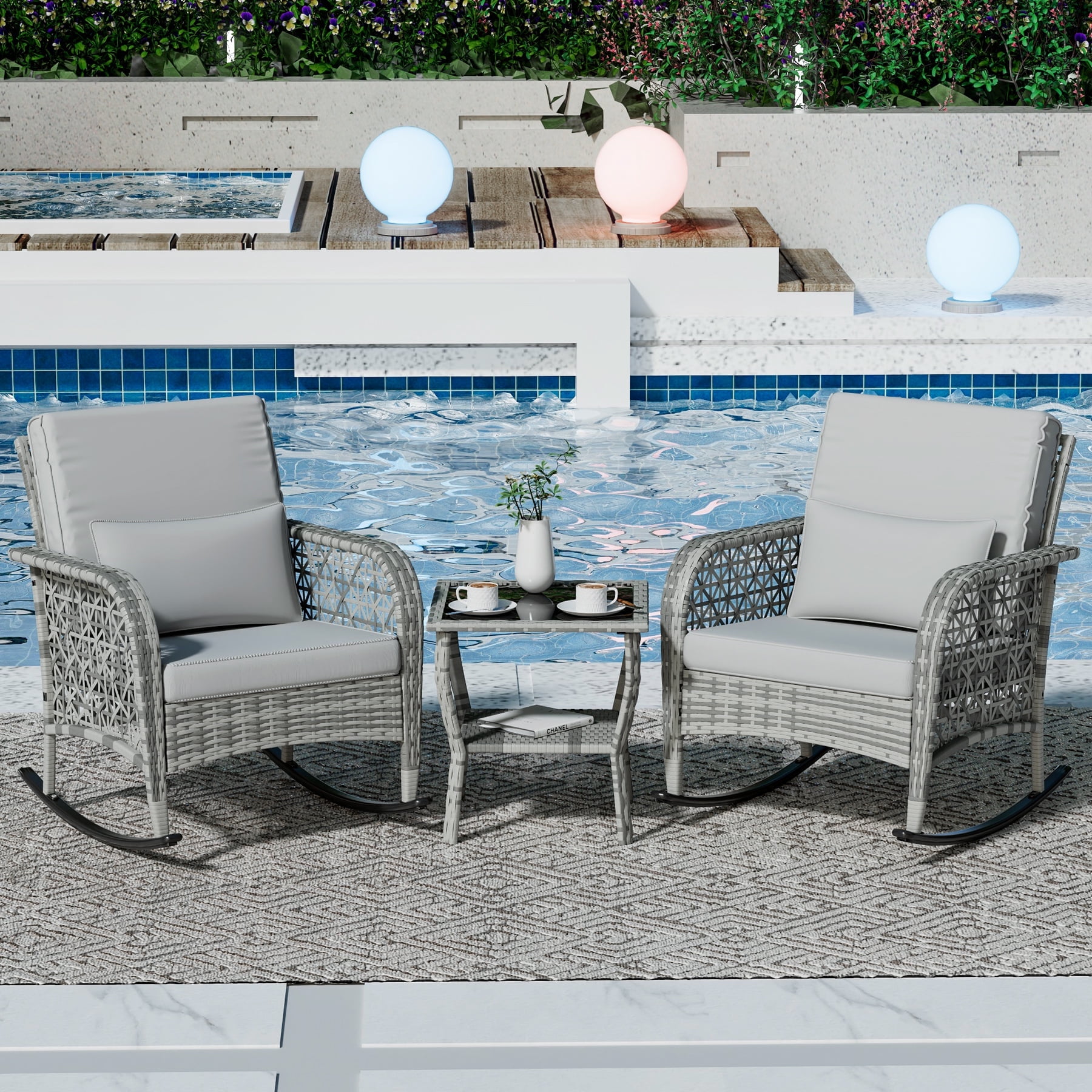 JQX 3 pcs Rattan Outdoor Bistro Set with Glass Top Side Table and ...