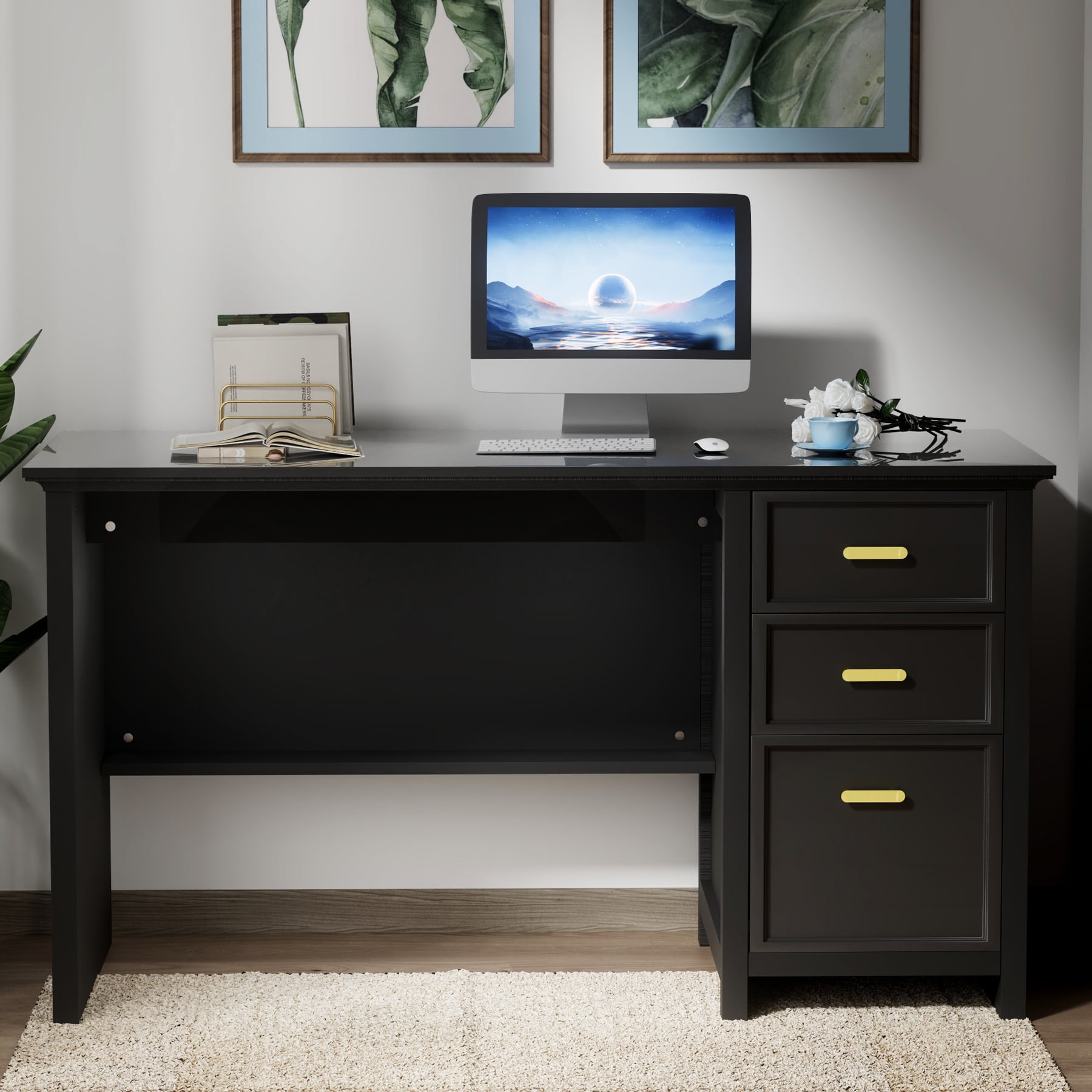 JQX 47" Home Office Desk with 3 Drawers and Storage Shelf, Modern ...