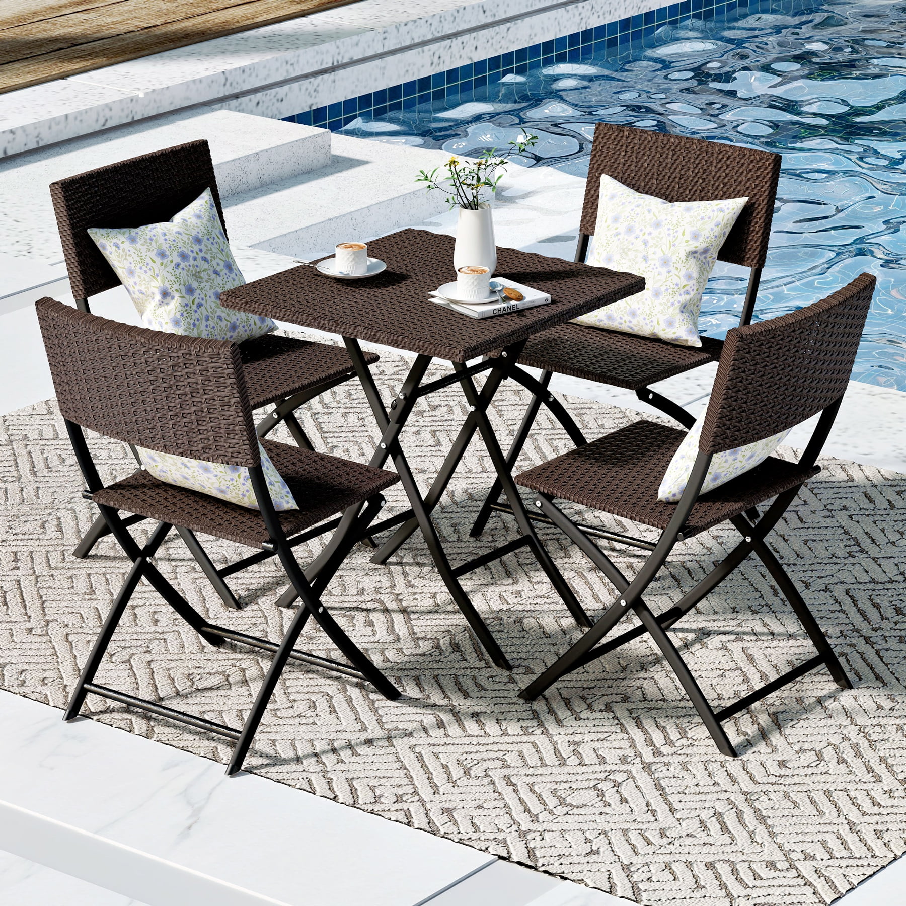 JQX 5 Pieces Folding Bistro Set, No Assembly Foldable Rattan Chairs ...