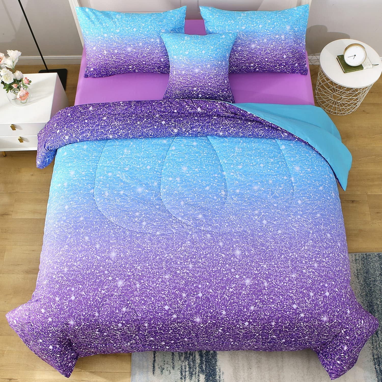 OKKEEY 6 Pcs Girls Kids Comforter Set Queen Size, Blue Purple Gradient ...