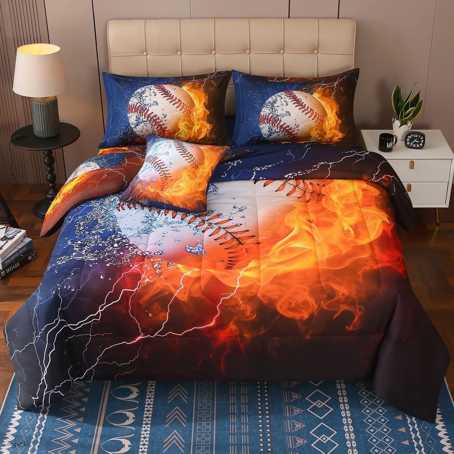 JQinHome Twin Size 6-Piece Baseball & Fire Comforter Set for Boys, 3D ...