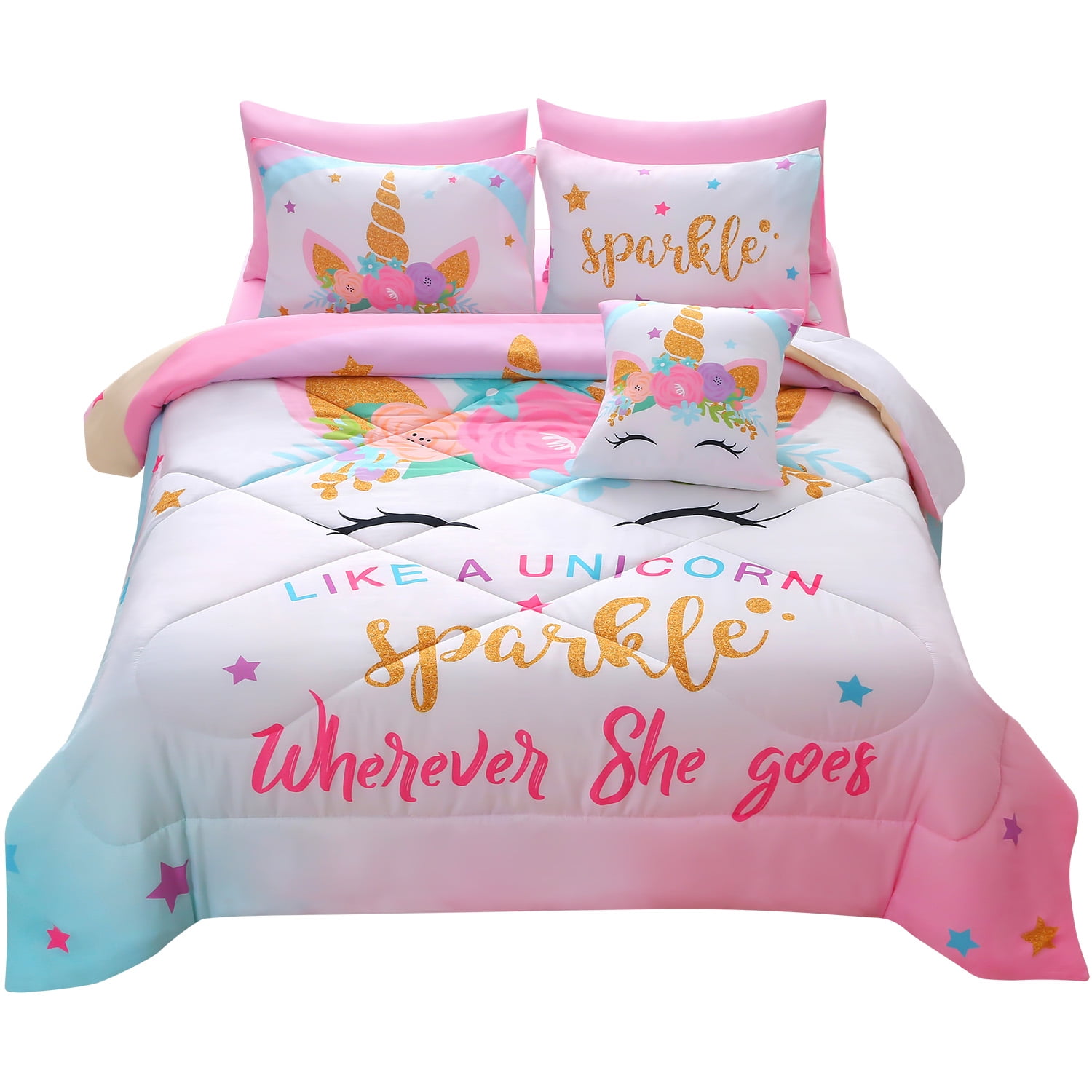 JQinHome Unicorn Full Bedding Sets for Girls Kids,8 Piece Bed in A Bag ...