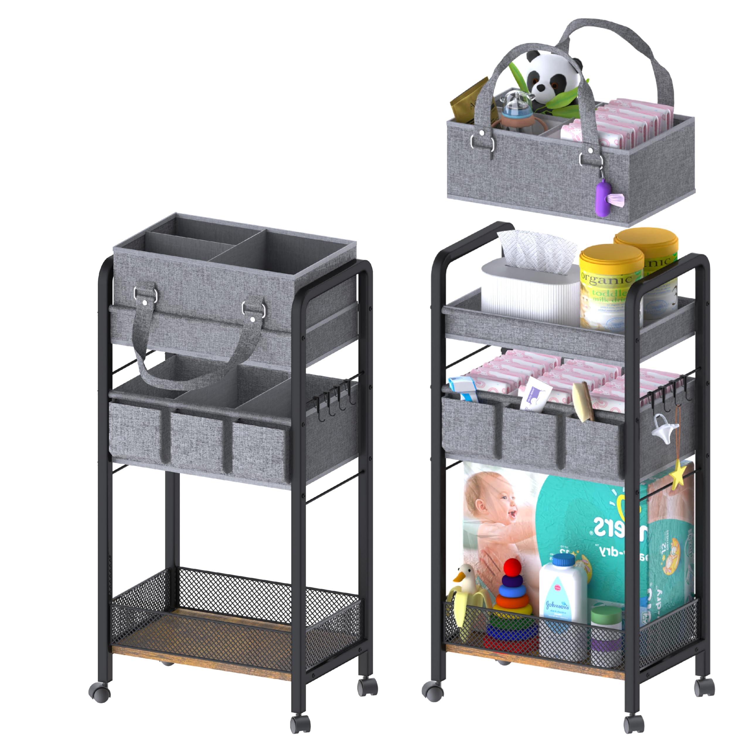 JRANBRJS 2In1 Baby Diaper MMF7 Caddy & 3-Tier Rolling Diaper Cart with ...