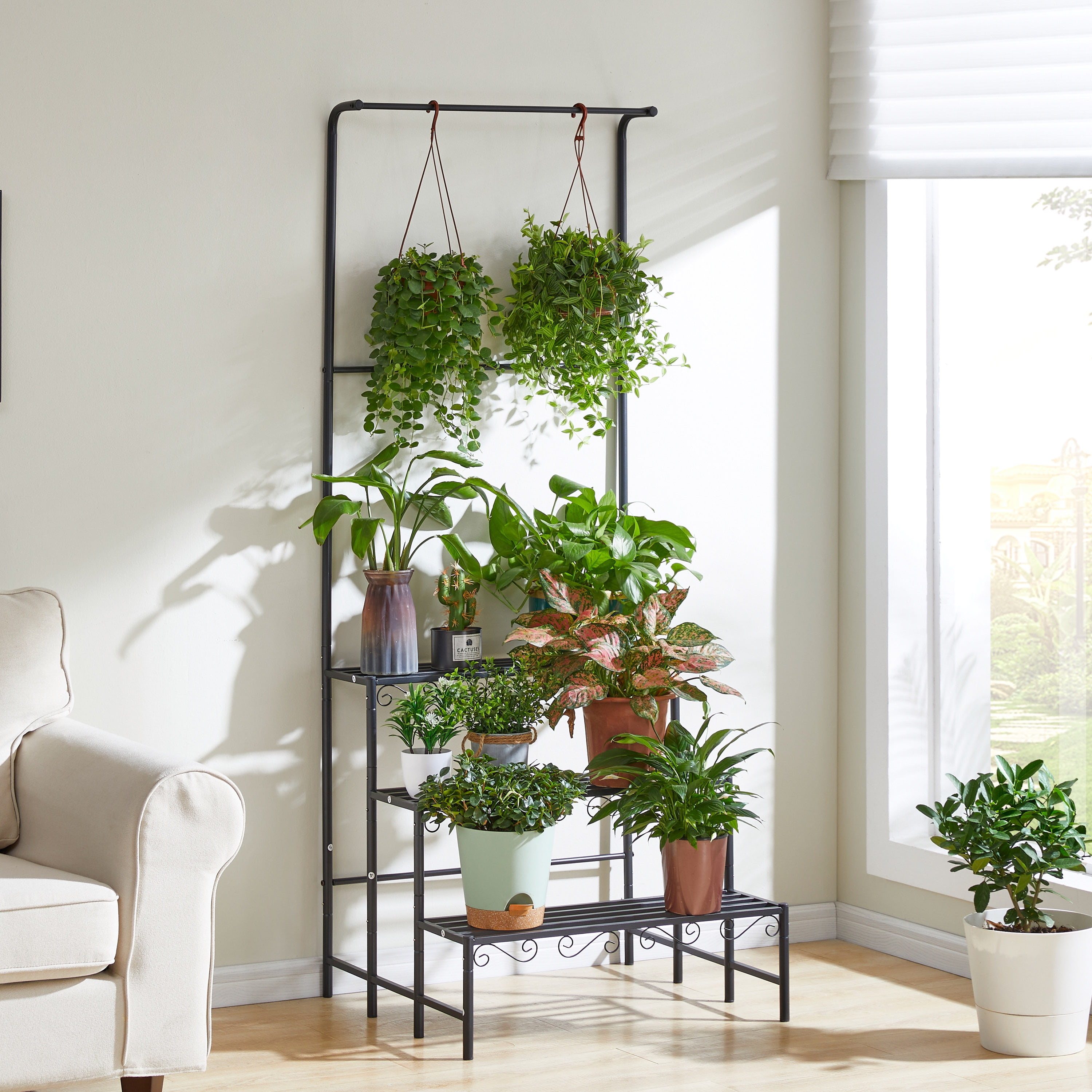 JRHRXXY Metal Plant Stand,Flower Pot Display Shelf with Hanging Bar,for ...