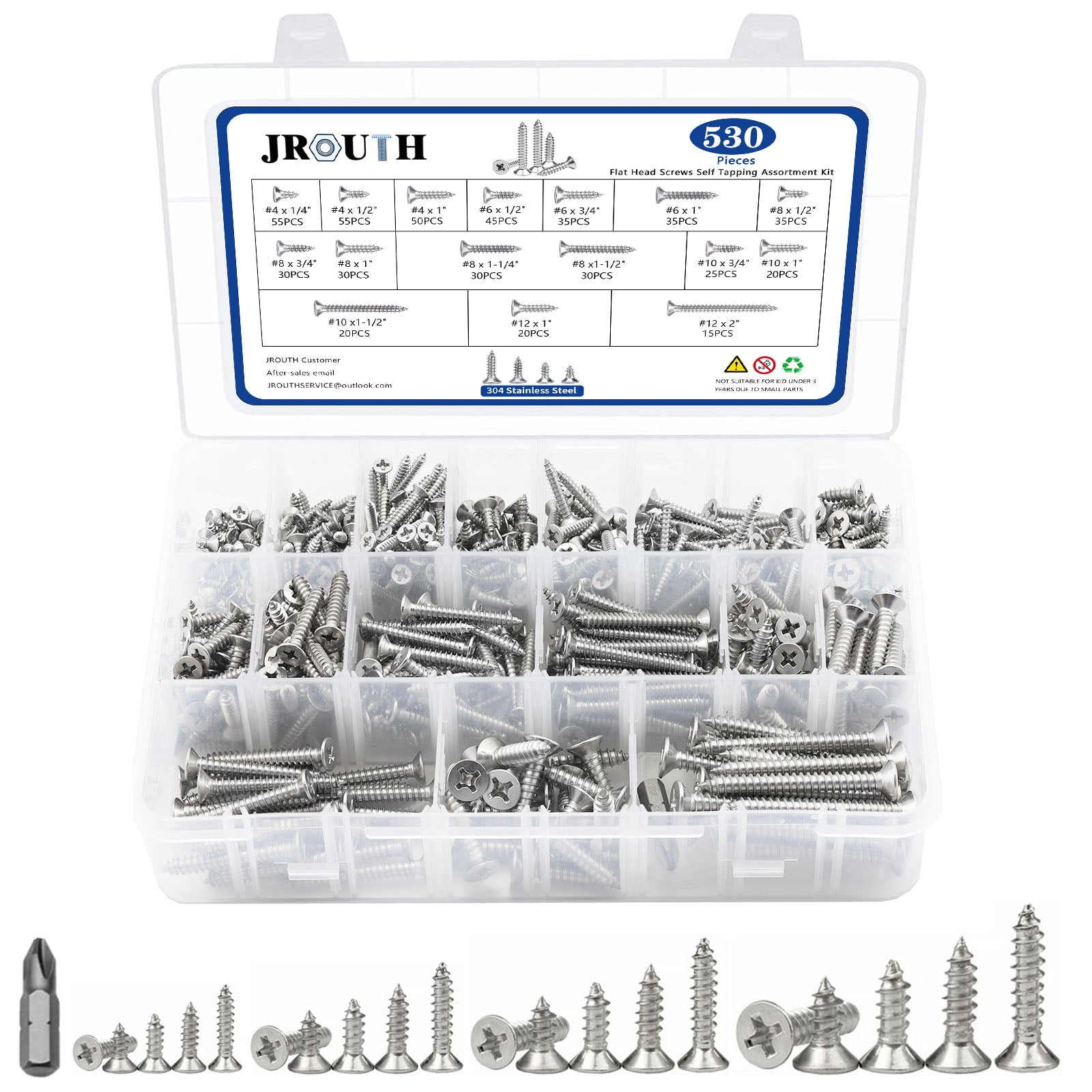 JROUTH 530Pcs Stainless Steel Wood Screws Set #4#6#8#10#12 Phillips ...