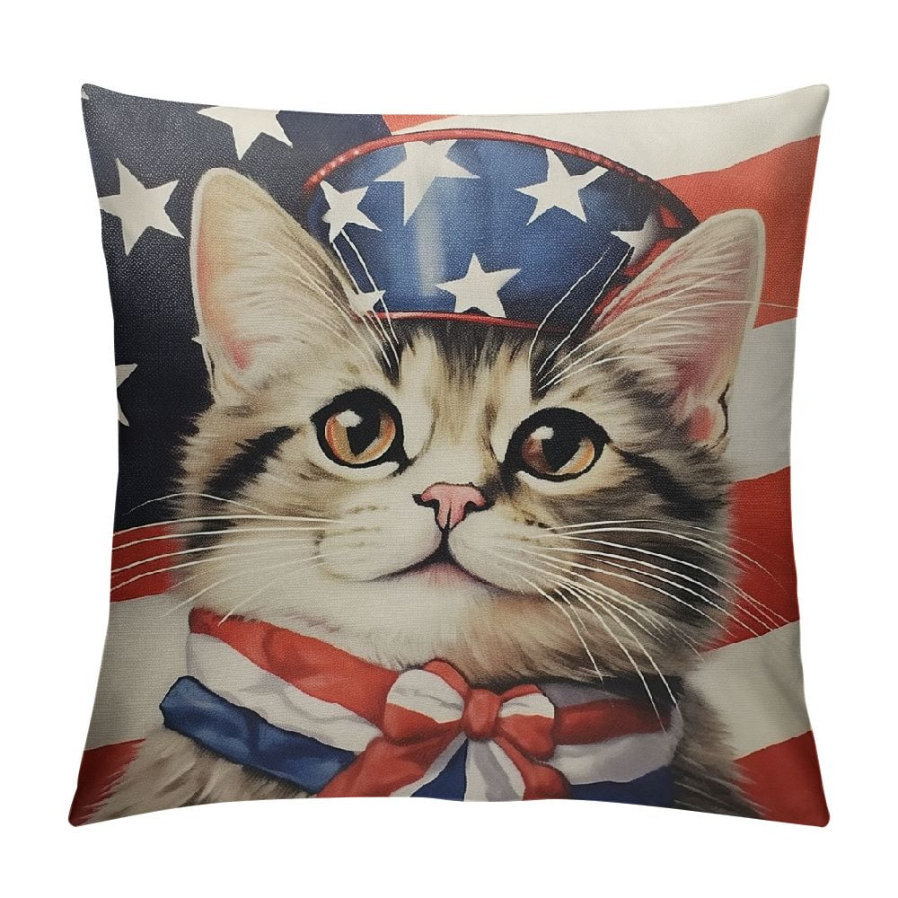 JRXY 4th of July Meow Cat Pillow Covers Patriotic American Stars ...