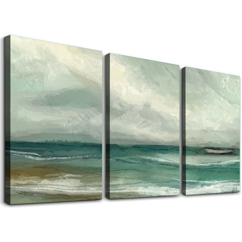 JRXY Abstract Seascape Canvas 3Pcs Wall Art - Framed Teal Watercolor ...
