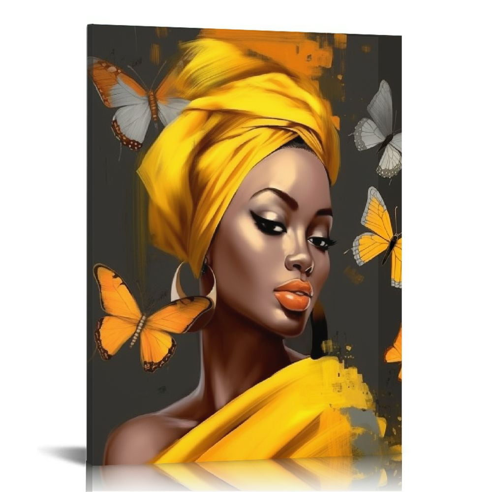 JRXY African Canvas Wall Art Arican American Woman with Yellow Hair Colorful Butterfly Canvas ...