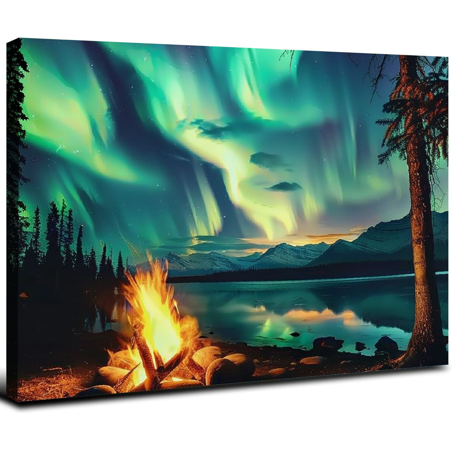 JRXY Aurora Borealis Canvas Wall Art Campfire Under Northern Lights ...