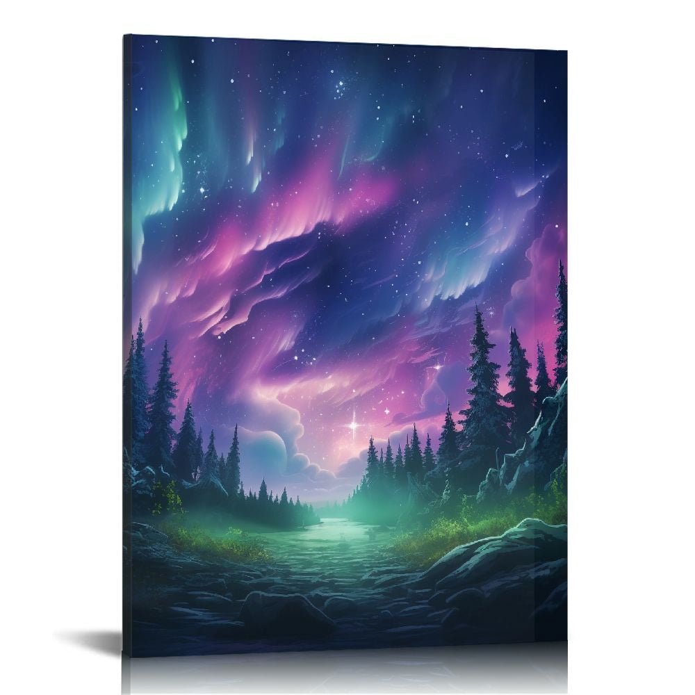 JRXY Aurora Borealis Canvas Wall Art, Green and Purple Aurora Trees ...