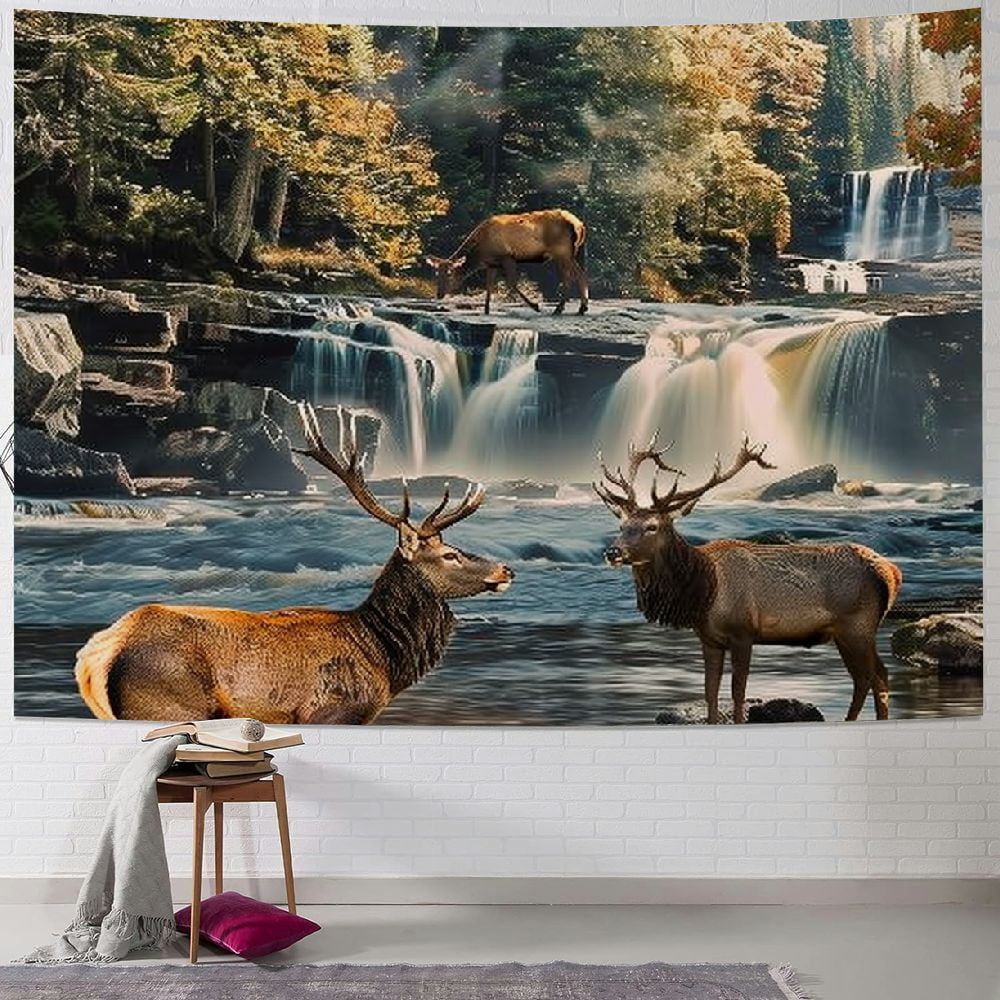 JRXY Autumn Cabin Tapestry Bear Waterfall Tapestries Moose Deer Fall ...