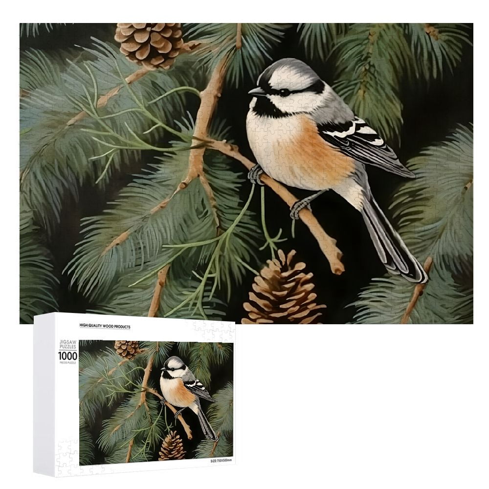 JRXY Bird Pine Tree Pinecone Chickadees Wooden Jigsaw Puzzle Gift for ...