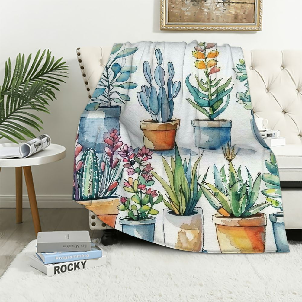 JRXY Blanket Plant Lady Chic Watercolor Potted PlantsThrow Blankets ...