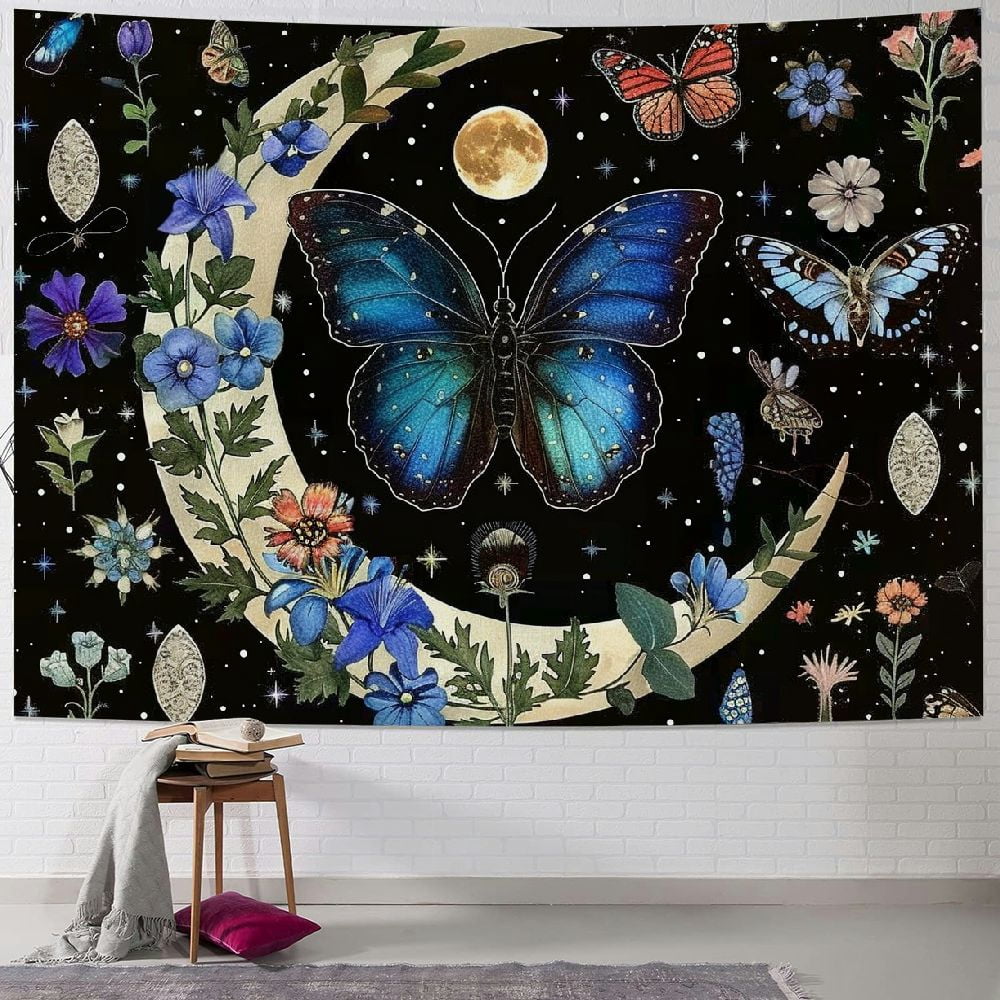 JRXY Blue Butterfly Moon Phase Tapestry, Colorful Plant Flower Garden ...
