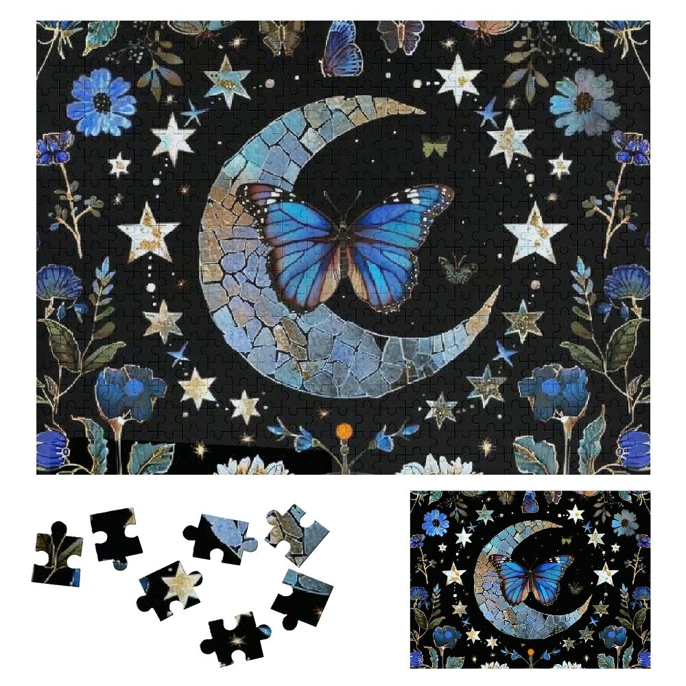 JRXY Blue Butterfly Stars Crescent Wooden Jigsaw Puzzle for Adults and Kids Gift for Family ...