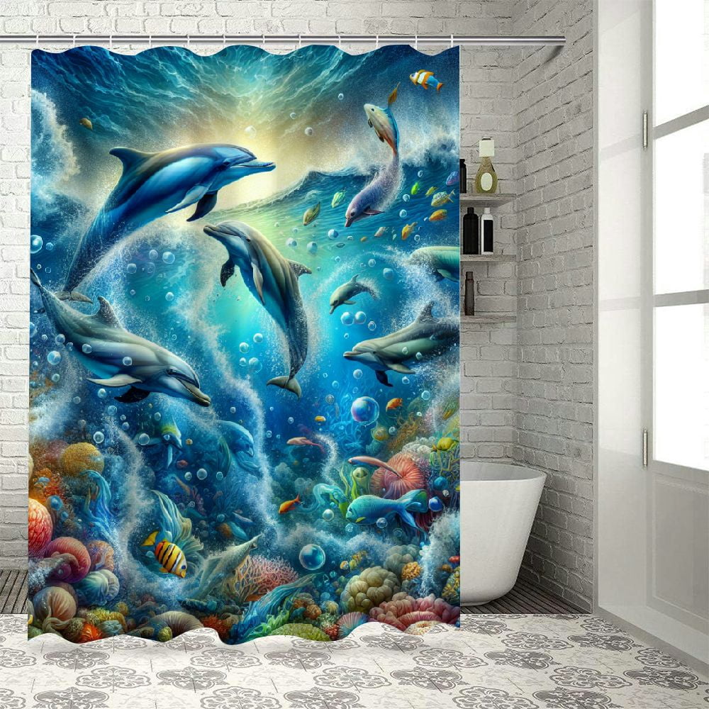 JRXY Blue Cheerful Dolphins and Tropical Fish Shower Curtain Multiple ...