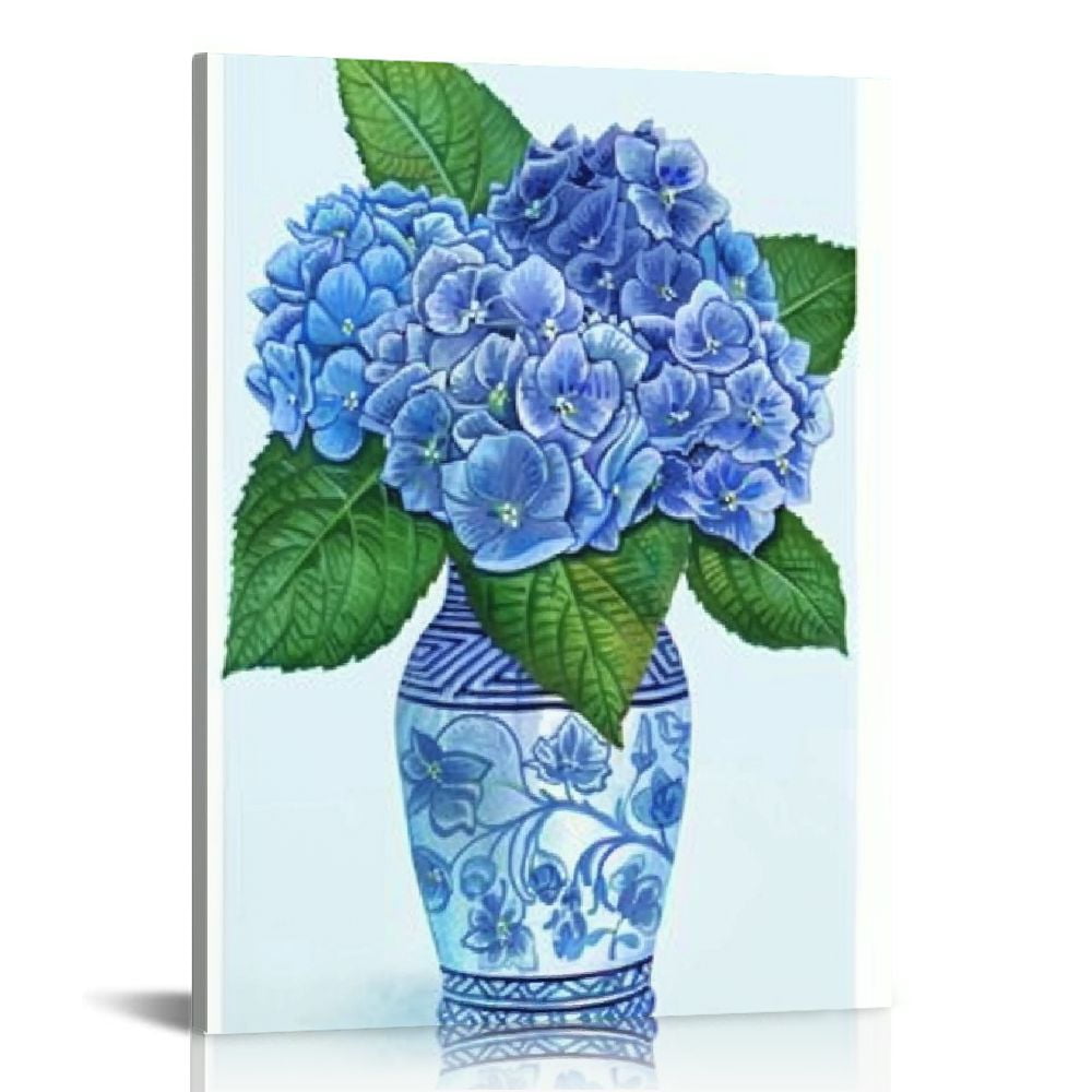 JRXY Blue White Willow Style Ginger Jar Watercolor Chinoiserie Decor Canvas Painting Orchid ...