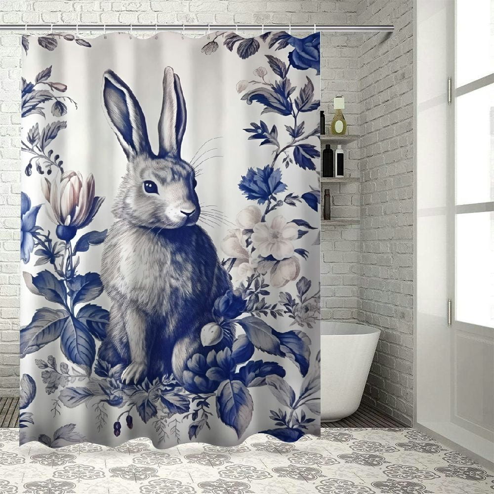 JRXY Blue and White Porcelain Floral Chinoiserie Rabbit Shower Curtain ...