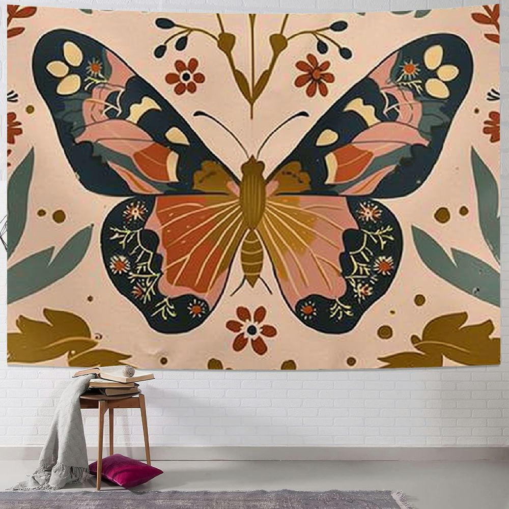 JRXY Boho Pink Butterfly Tapestry for Bedroom, Plant Floral Tapestry ...