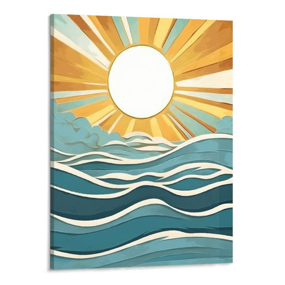 JRXY Boho Sun Canvas Wall Art Abstract Blue Sea Sunset and Sunrise ...