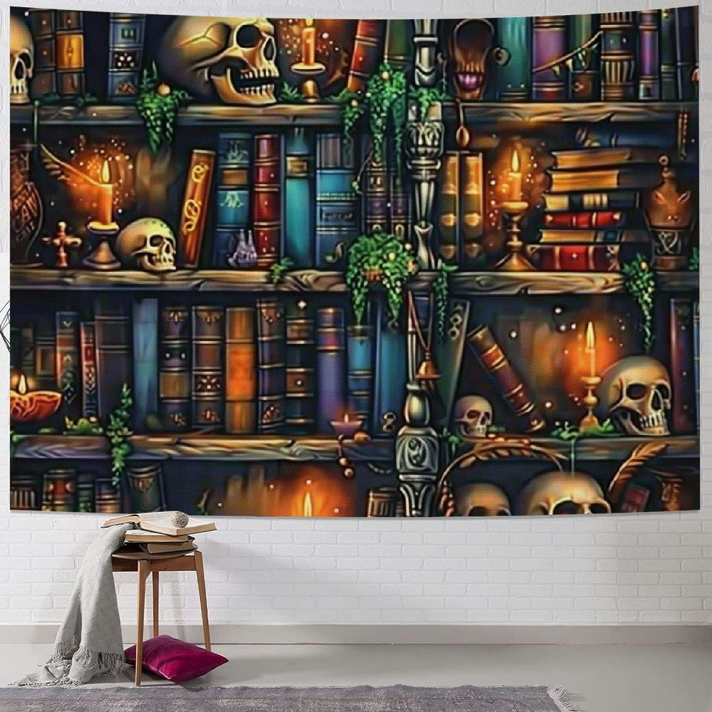 JRXY Bookshelf Tapestry for Bedroom, Trippy Magical Book Skull Plant ...