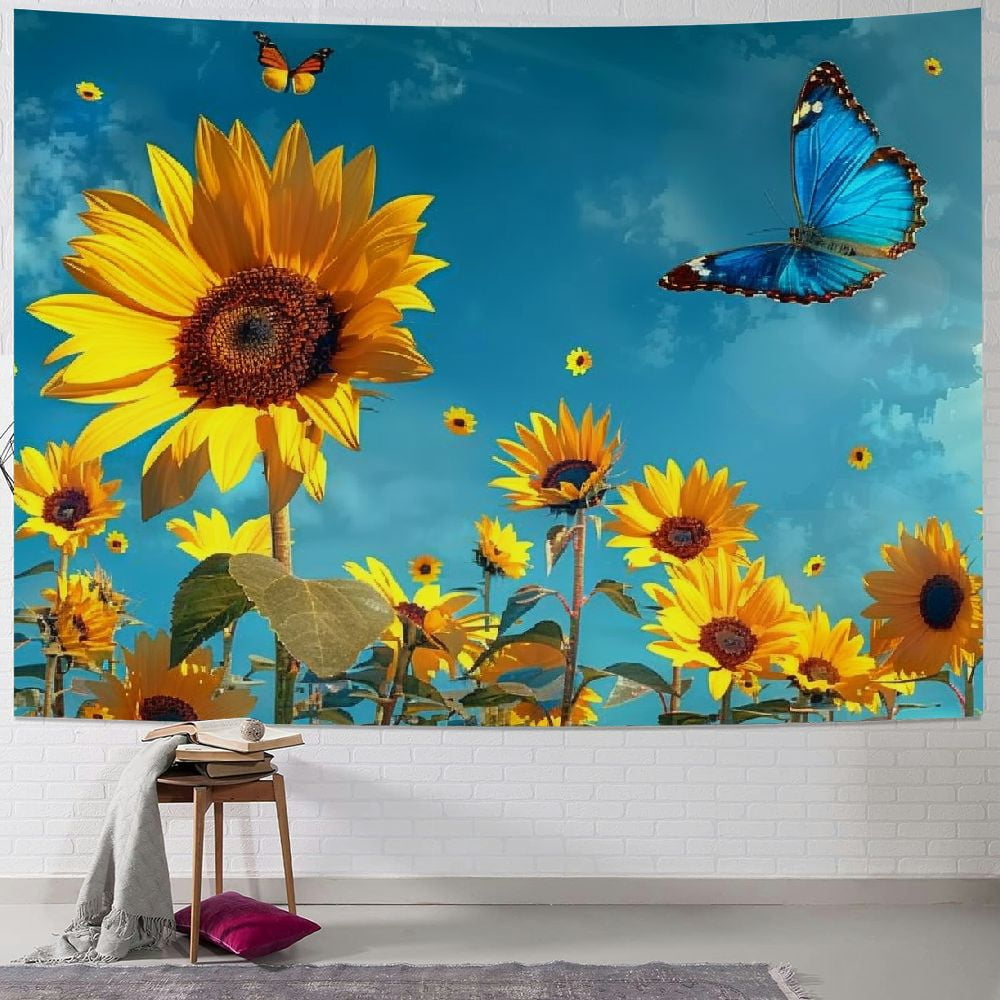JRXY Butterfly Tapestry Wall Hanging Rustic Yellow Sunflower and Blue ...