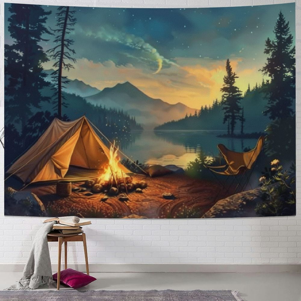 JRXY Camping Lake Sunrise Campfire View Mountain Tapestry Wall Hanging ...