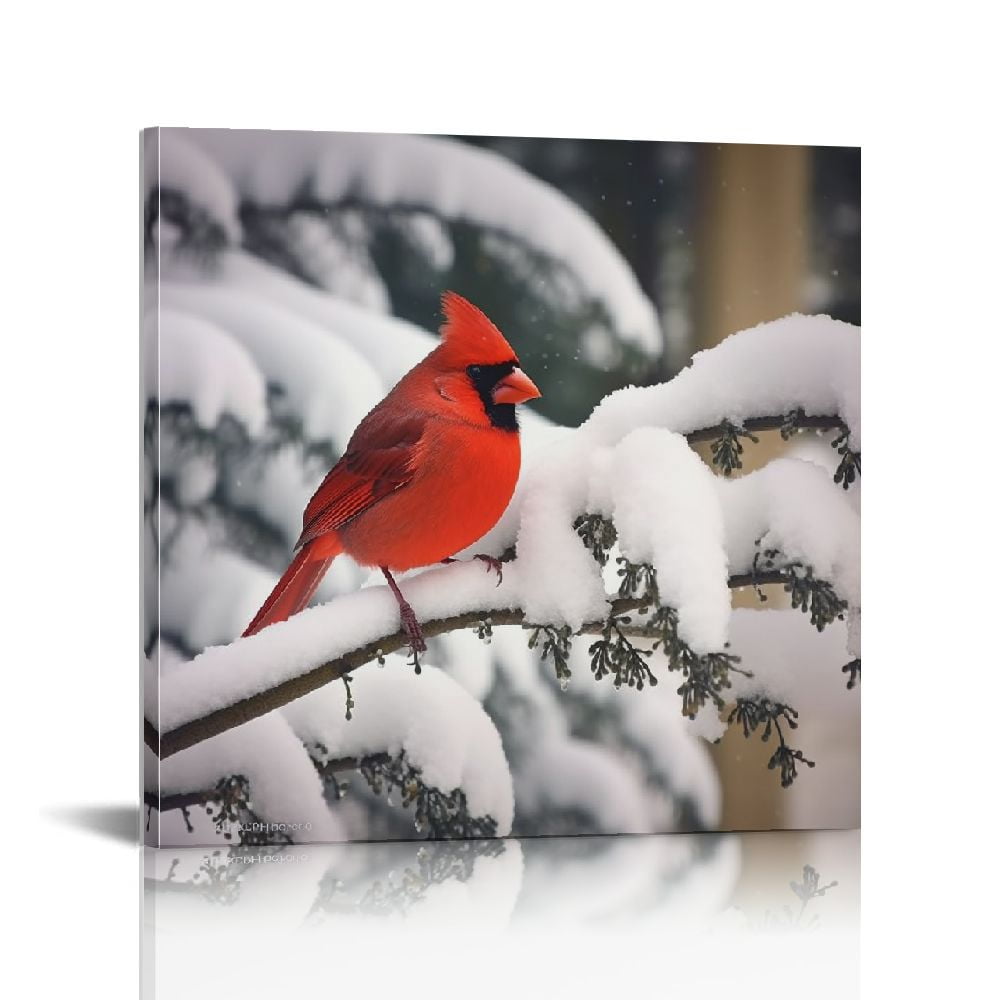 JRXY Cardinal Canvas Print - Snowy Tree Lighted Wall Art - Winter Scene ...
