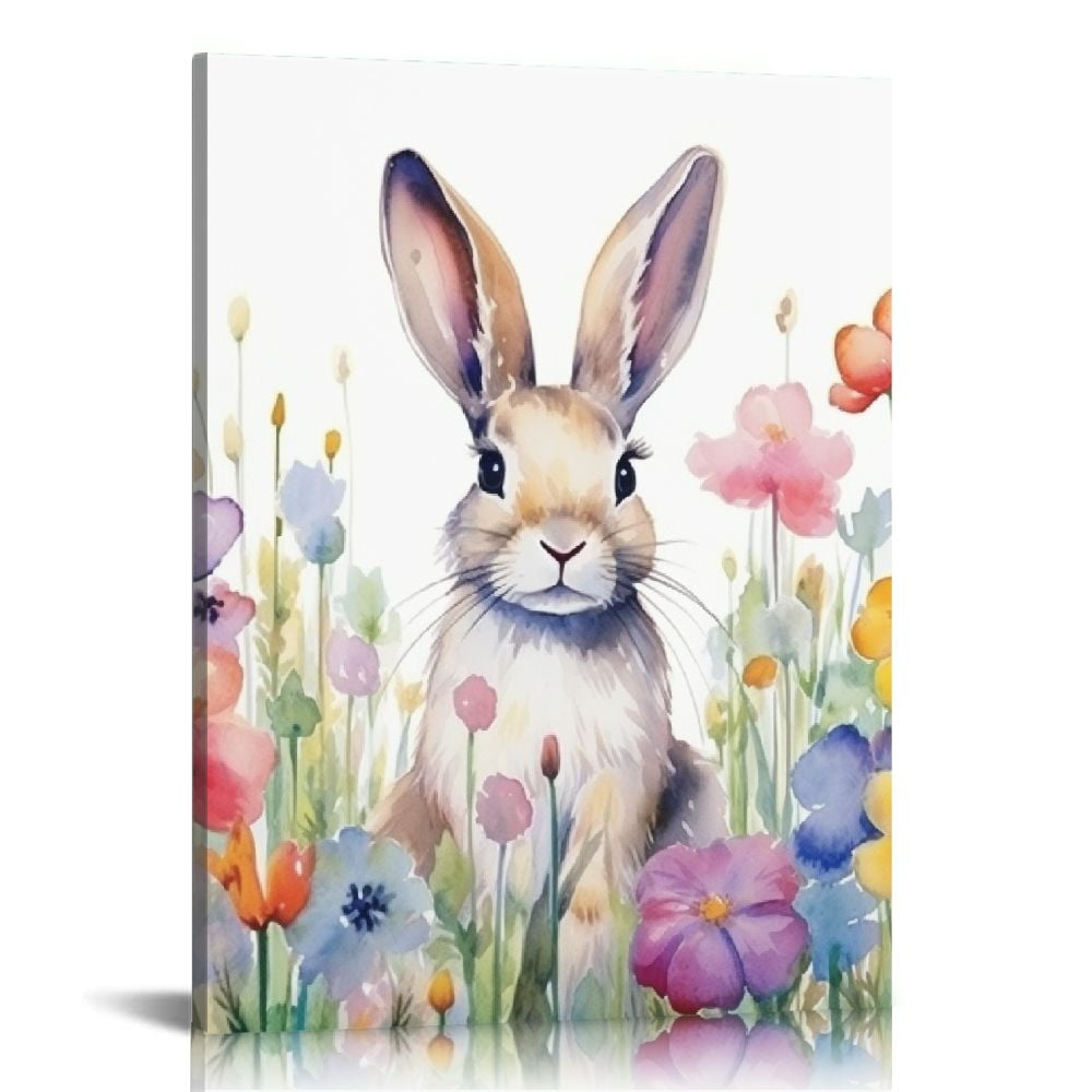 JRXY Cute Bunny Canvas Wall Art Pink Floral Botanical and Funny Animal ...