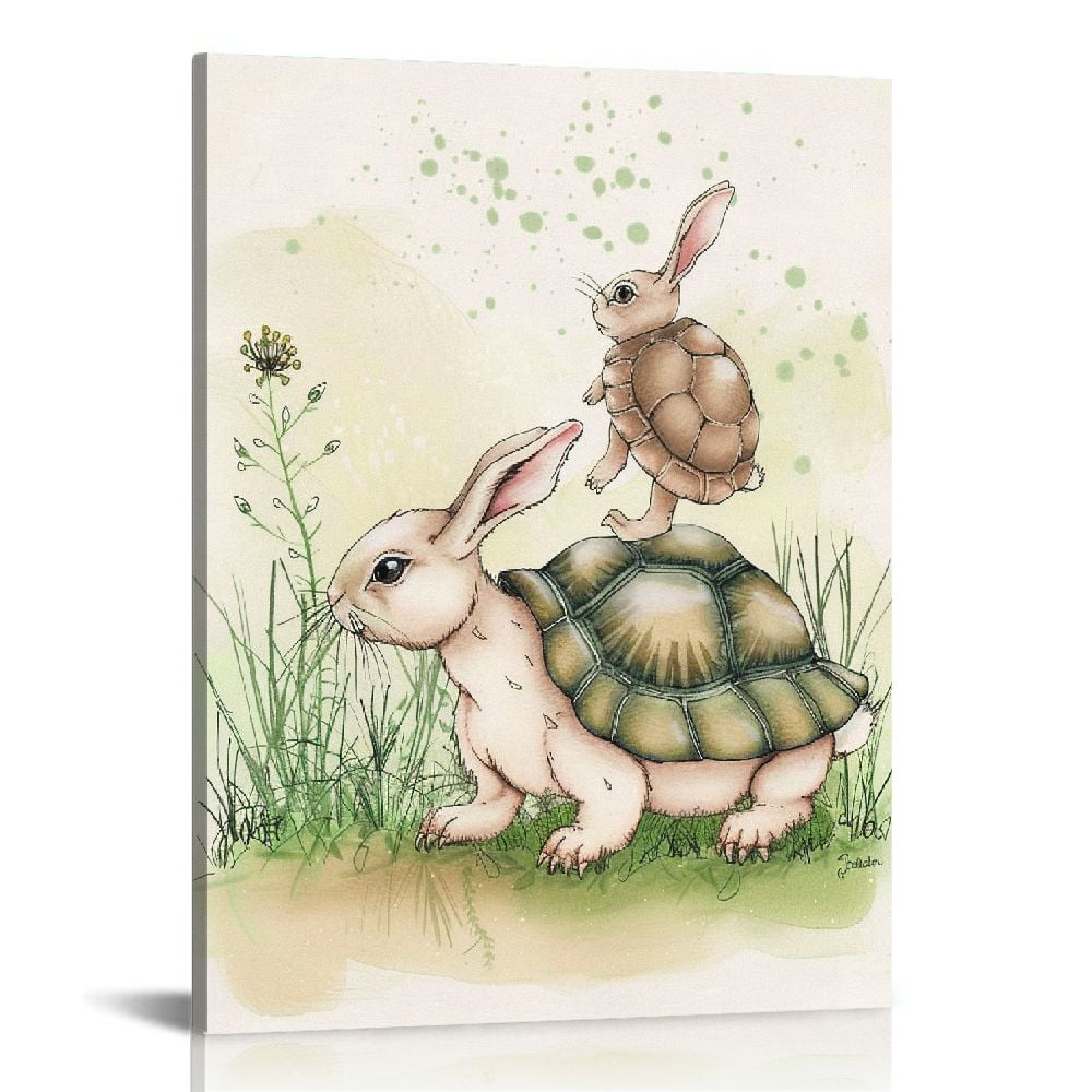JRXY Cute Bunny Turtle Canvas Wall art, Funny Rabbit Riding on Tortoise ...