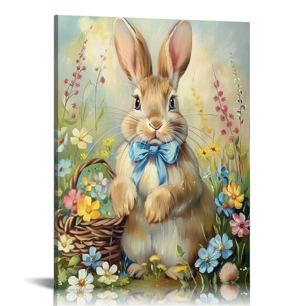 JRXY Cute Easter Bunny Wall Art Spring Wildflower Egg Picture Decor ...