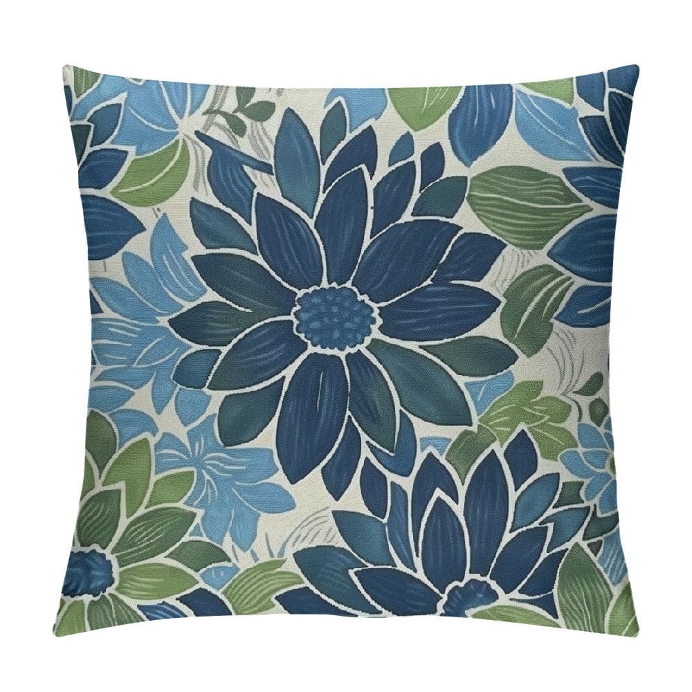 JRXY Dahlias Flowers Pillow Cover, Navy Light Blue Green Decorative ...