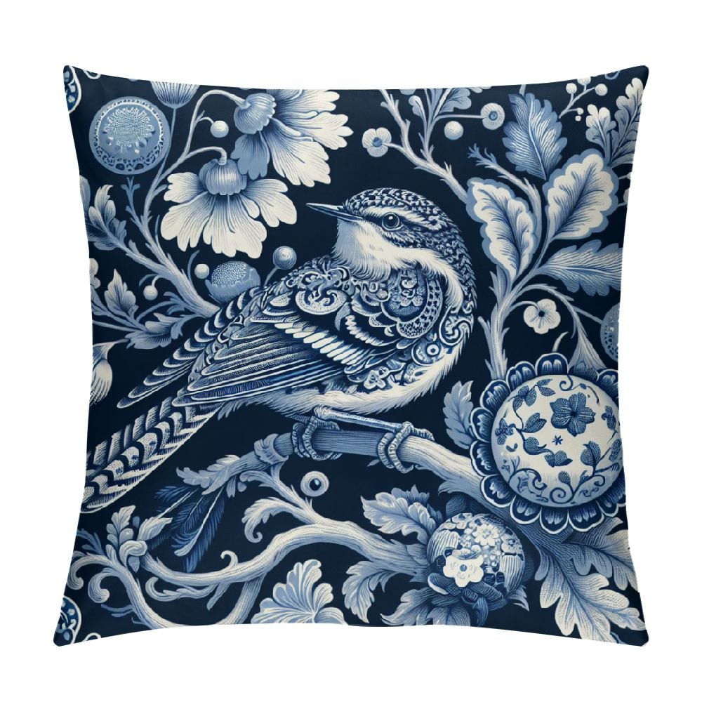 JRXY Decorative Pillows Case Blue and White Tile with Bird Cushion Case ...