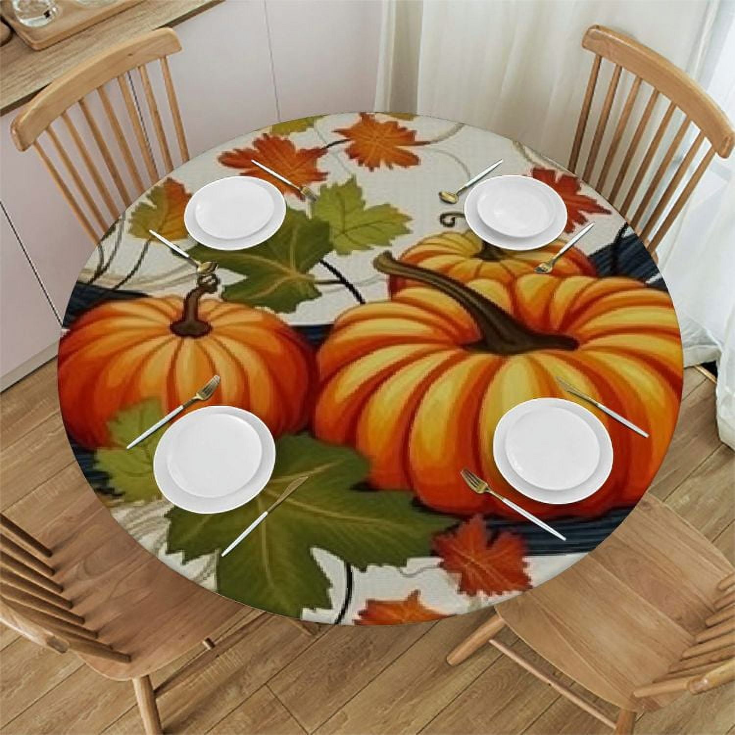 JRXY Fall Pumpkin Fitted Round Tablecloth with Elastic Edge, Waterproof ...
