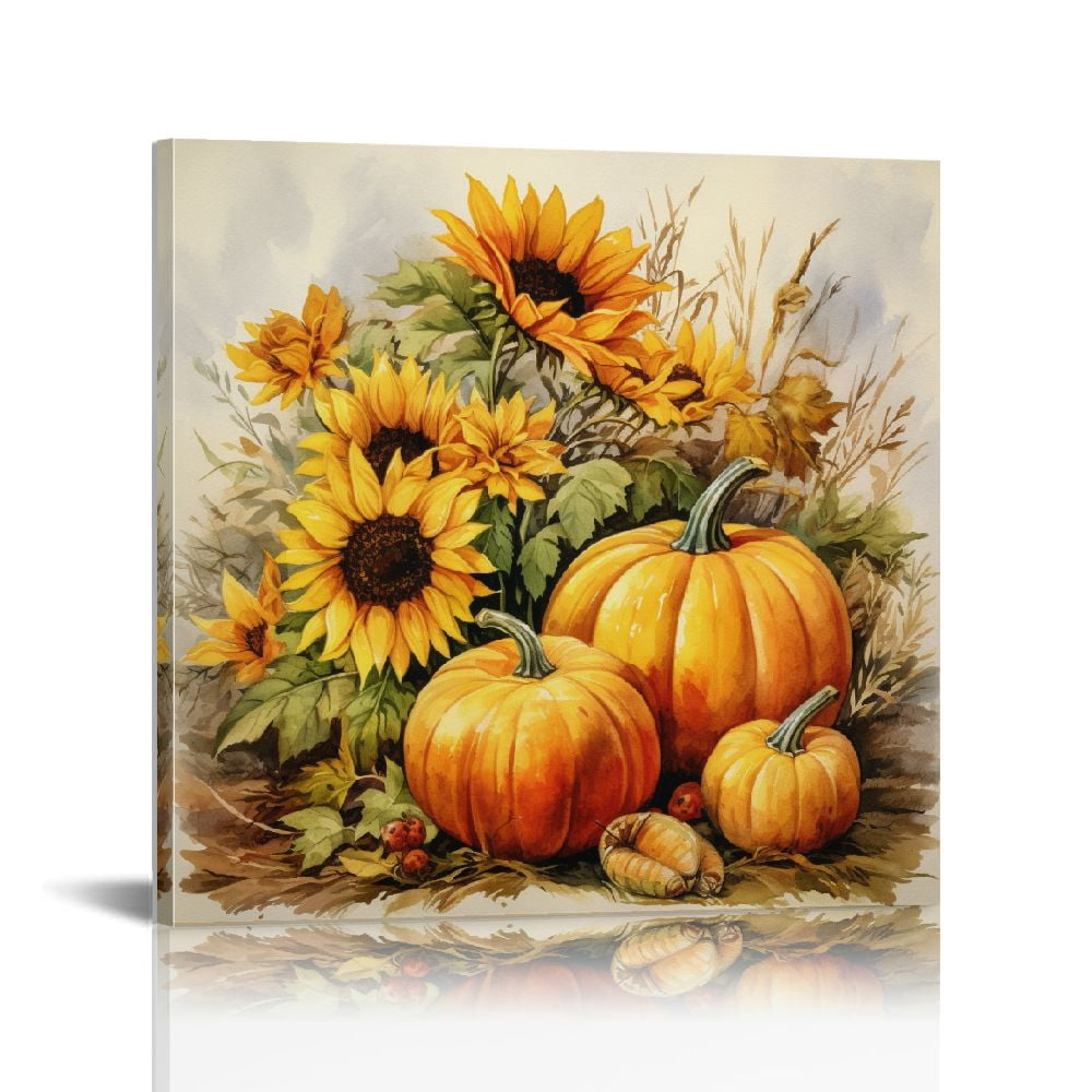 JRXY Fall Wall Art Canvas Maple Leaf Pumpkin Watercolour Drawing ...
