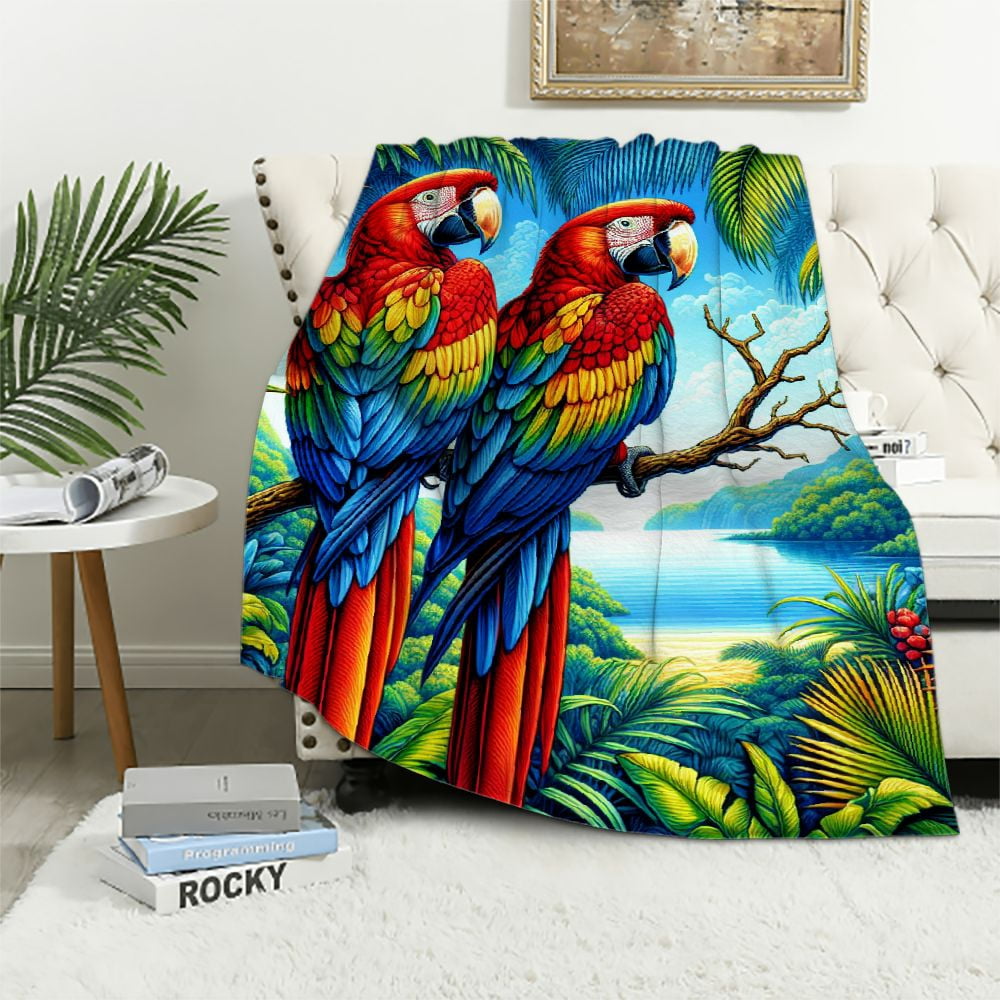JRXY Flannel Fleece Blanket - Parrots Sea Beach Hawaiian Palm Tree ...