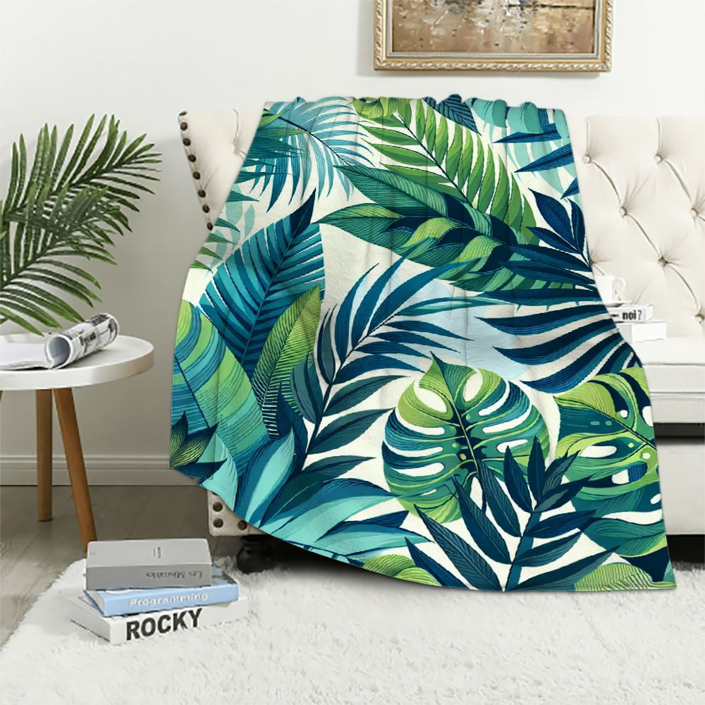 JRXY Flannel Fleece Blanket Tropical Leaves Summer Blue Green Palm Leaf ...