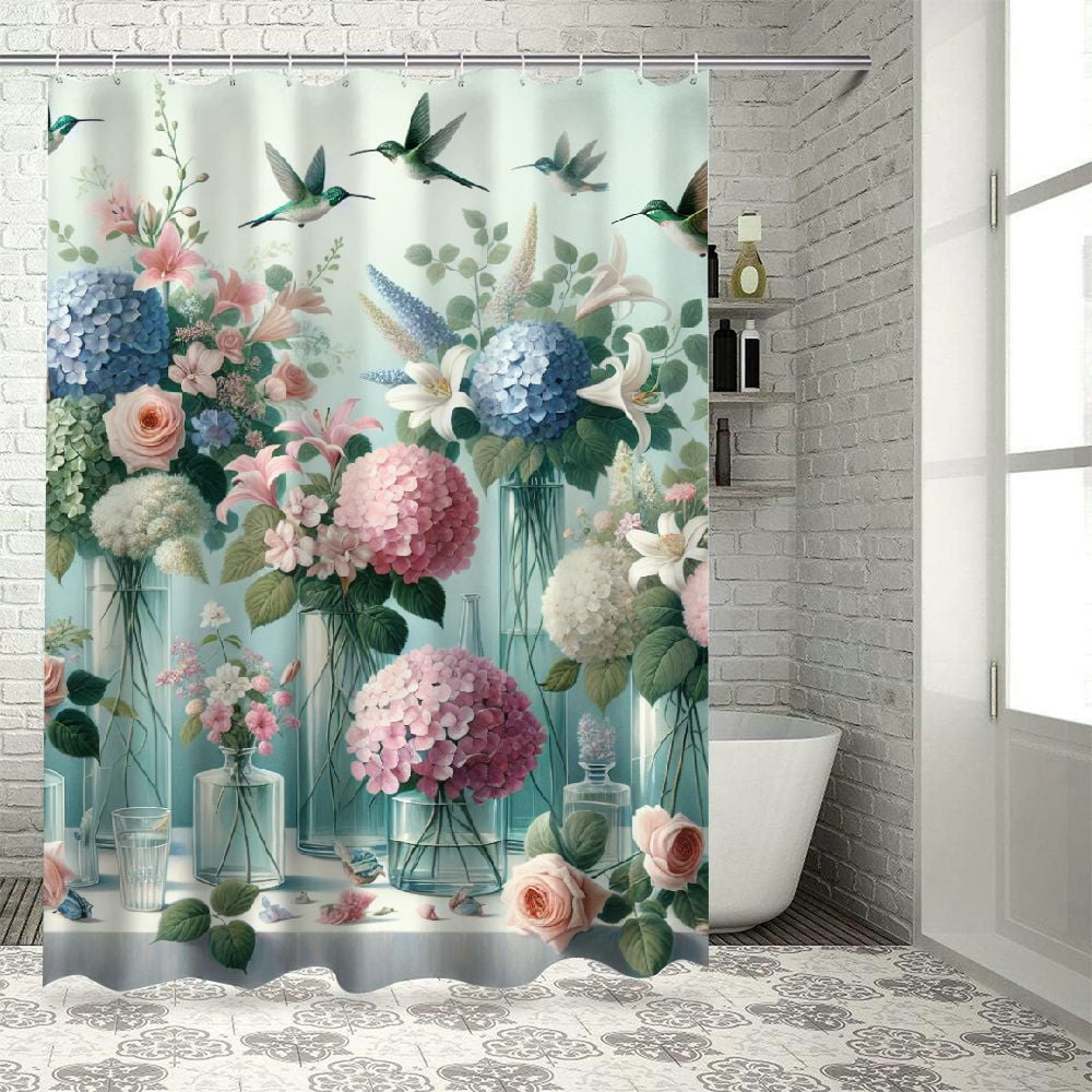 JRXY Flowers White Floral Rose Hydrangea Bird Print Blue Contemporary ...