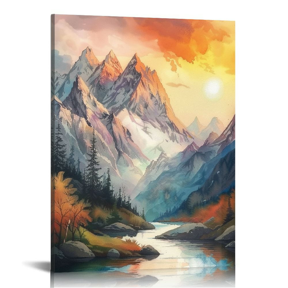 JRXY Forest Canvas Wall Art Watercolor Sunset Mountain Pictures Wall ...