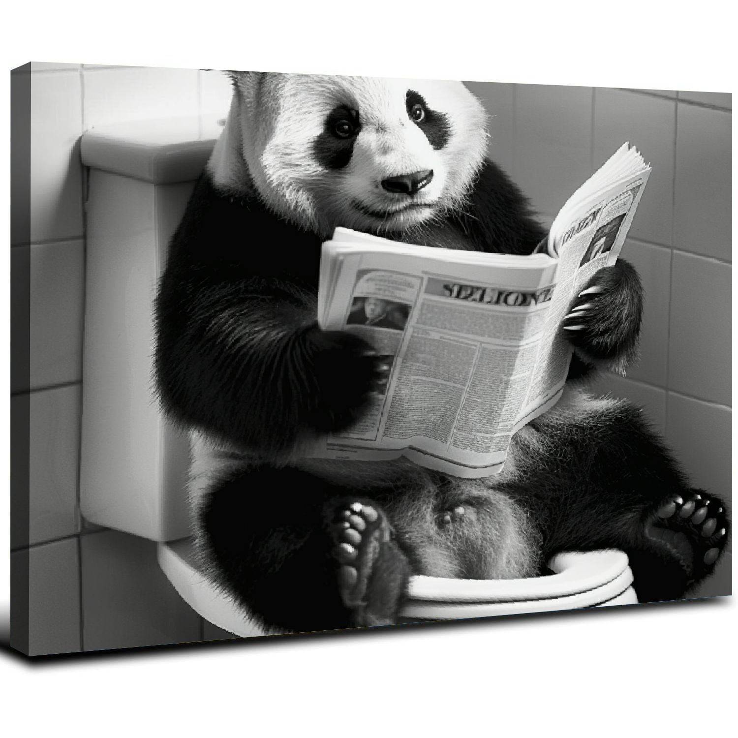 JRXY Funny Bathroom Wall Art Cute Panda Reading Newspaper on Toilet ...