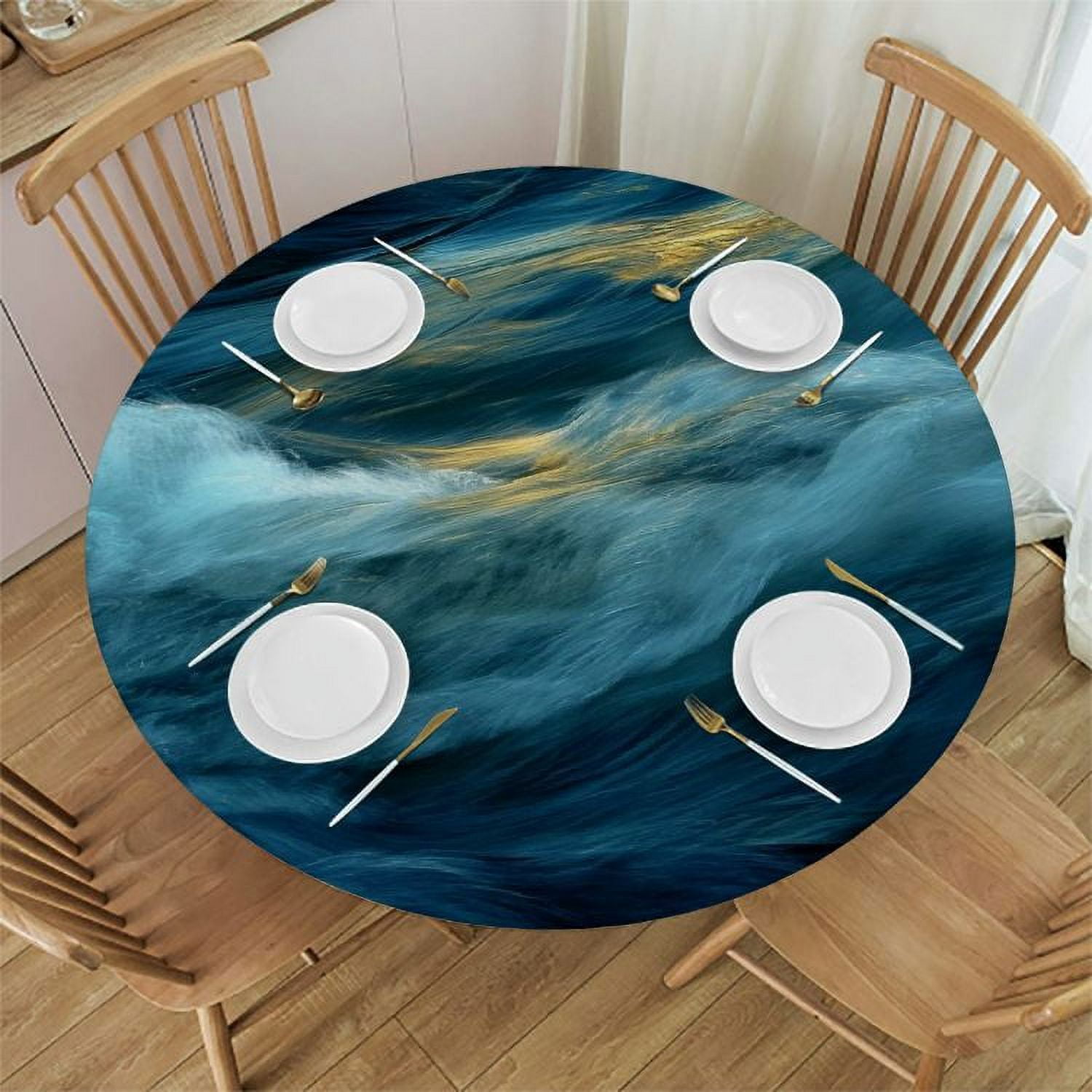 JRXY Gold and Blue Abstract Art Table Cloth Circular Table Cover White ...