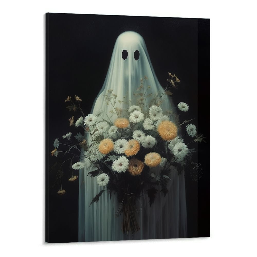 JRXY Halloween Ghost Canvas Wall Art Funny Cute Ghosts Holding Flower ...