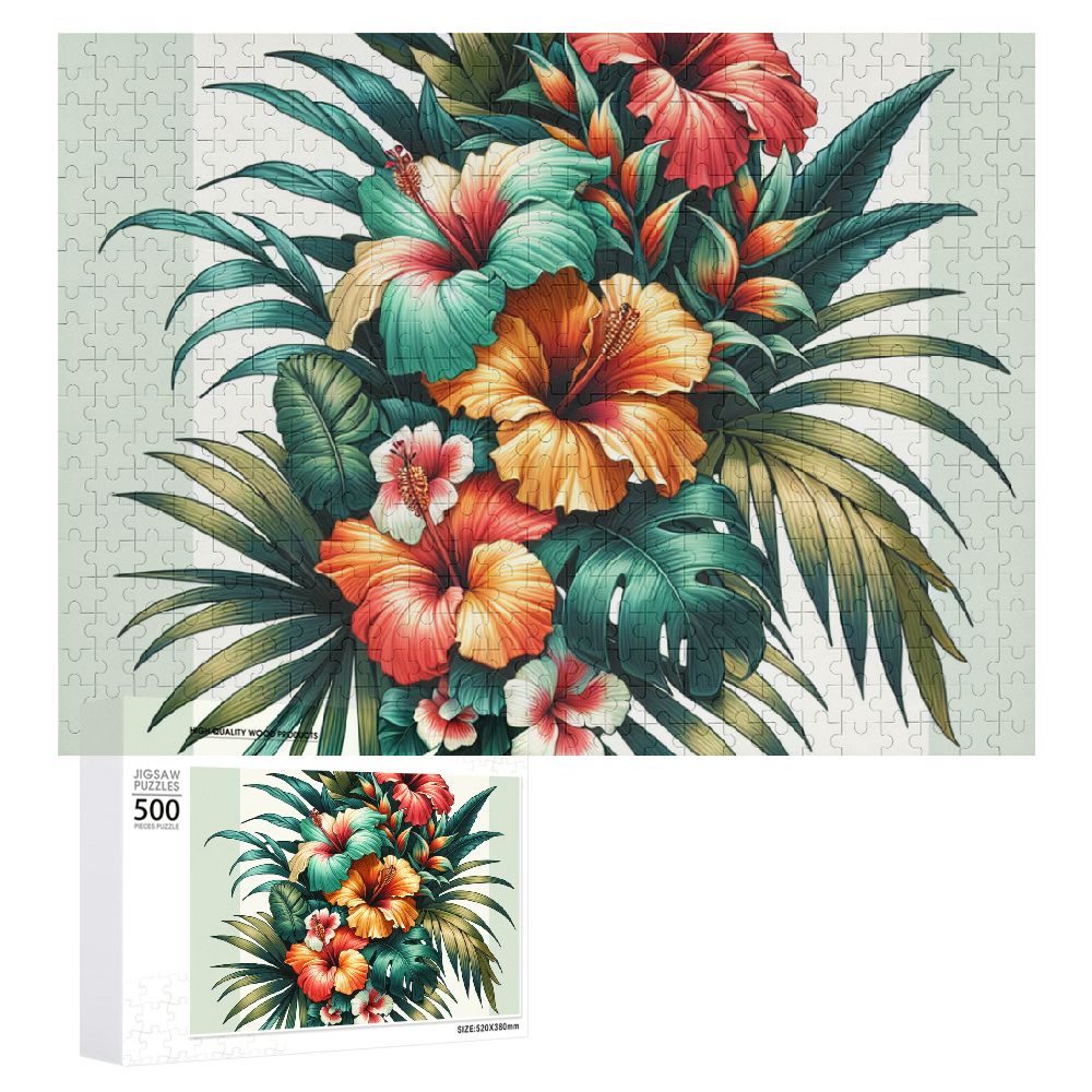 JRXY Hawaiian Style Red Hibiscus Palm Leaves Wooden Jigsaw Puzzle 500 ...