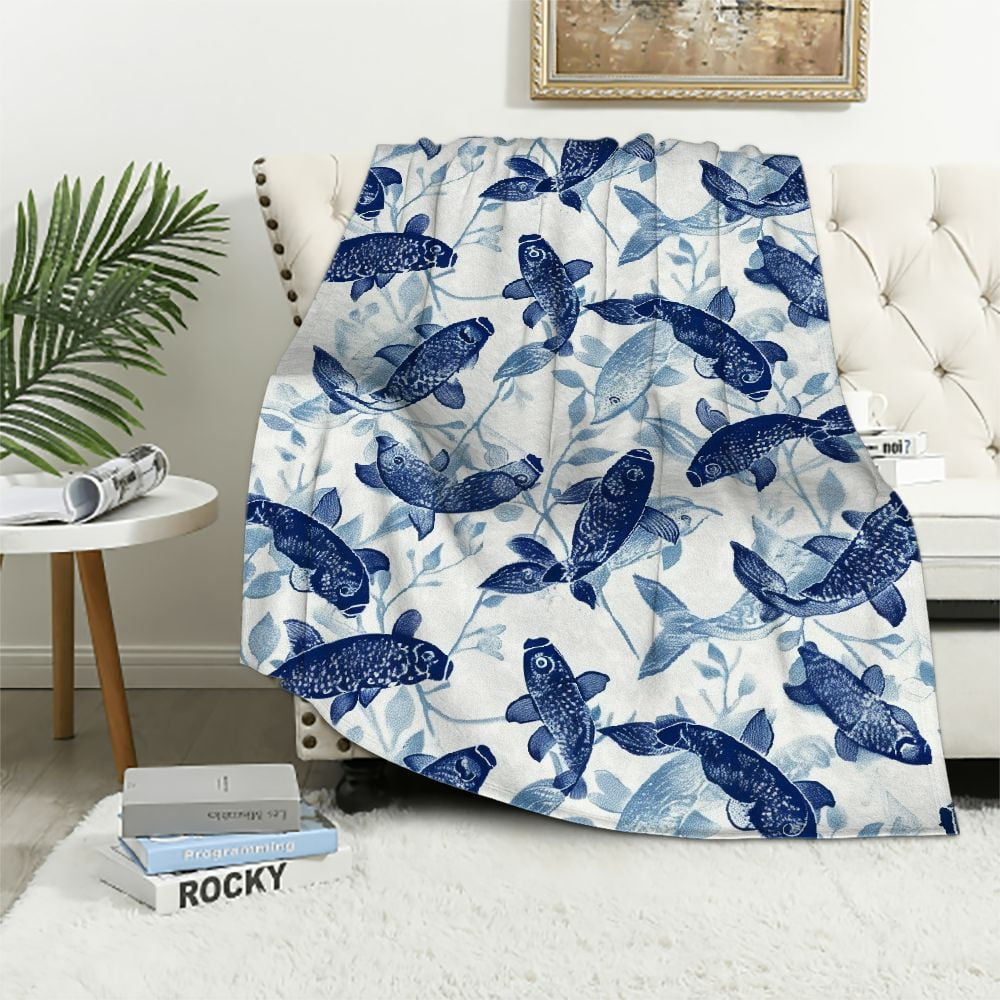 JRXY Koi Fish Throw Blanket, Carp Koi Sketch Drawing with Detailed Fish ...